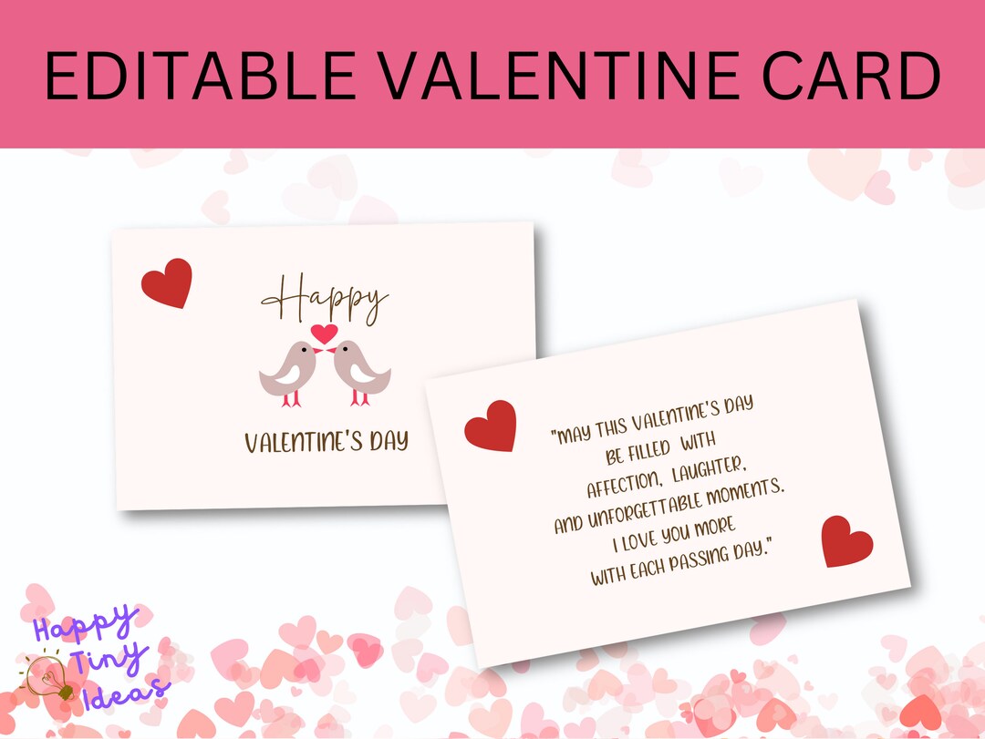 Editable Valentine Card, Printable Valentine Card, Day Bird Heart Theme ...