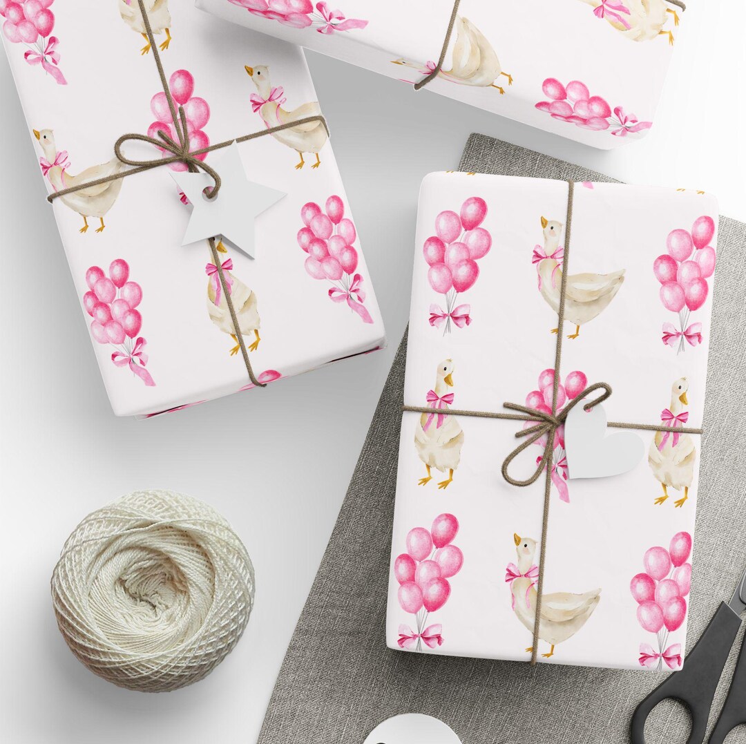 One Silly Goose Pink Wrapping Paper Roll, Watercolor Goose and Balloons ...