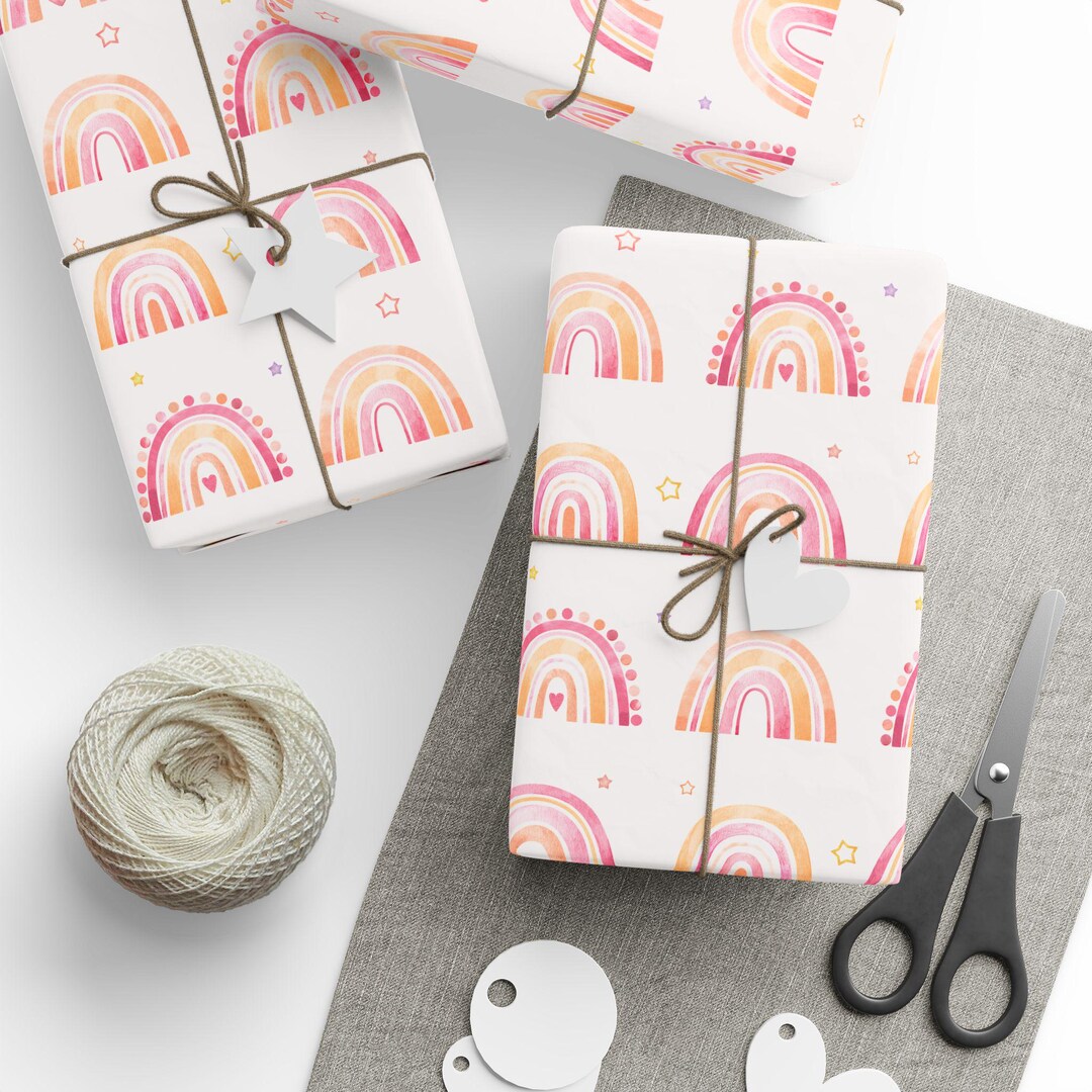 Boho Rainbow Wrapping Paper: Pastel Stars & Hearts, Rainbow Baby Theme ...