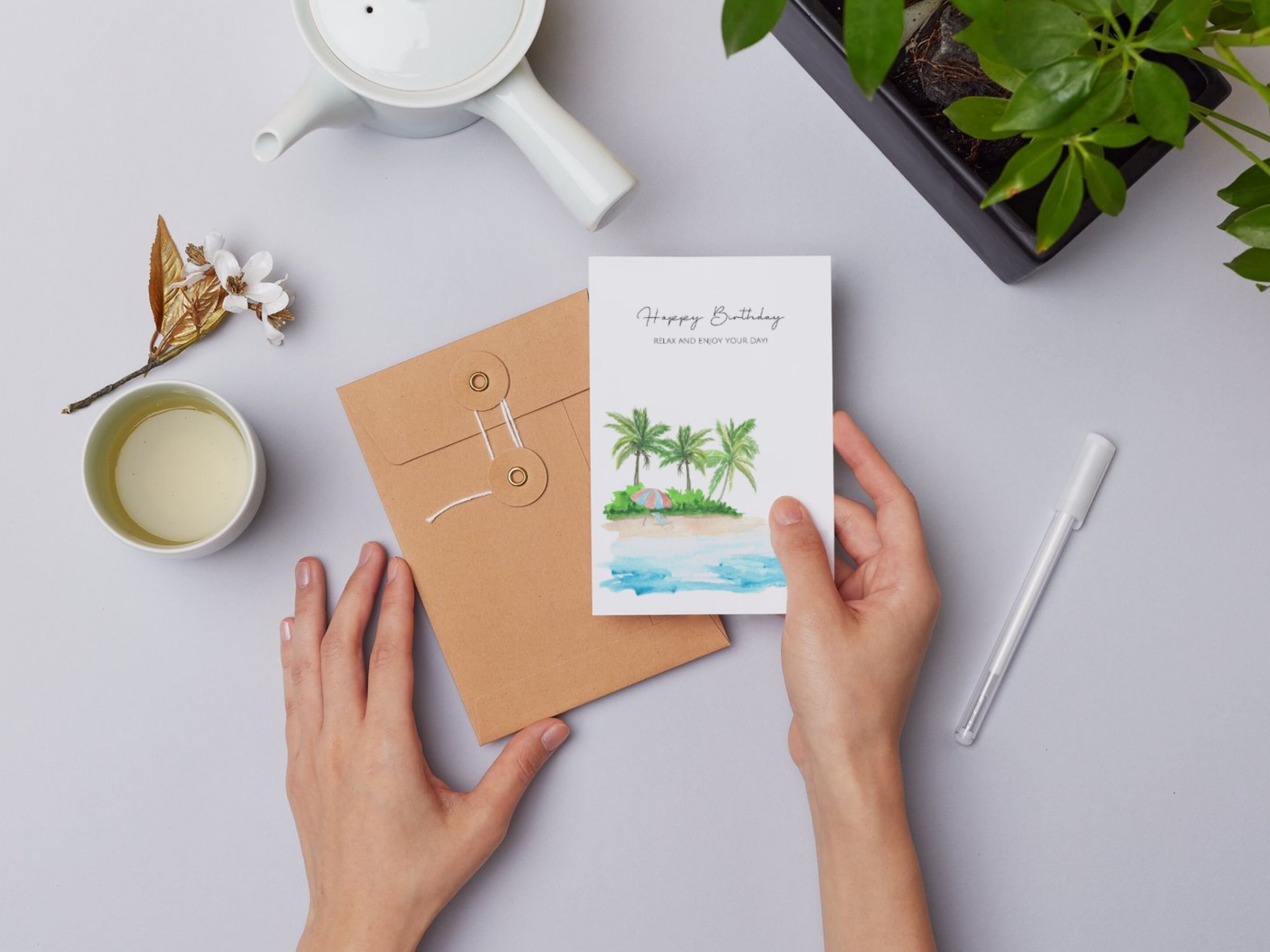 Beach Birthday Card, Watercolor Beach With Palms, DIGITAL DOWNLOAD ...