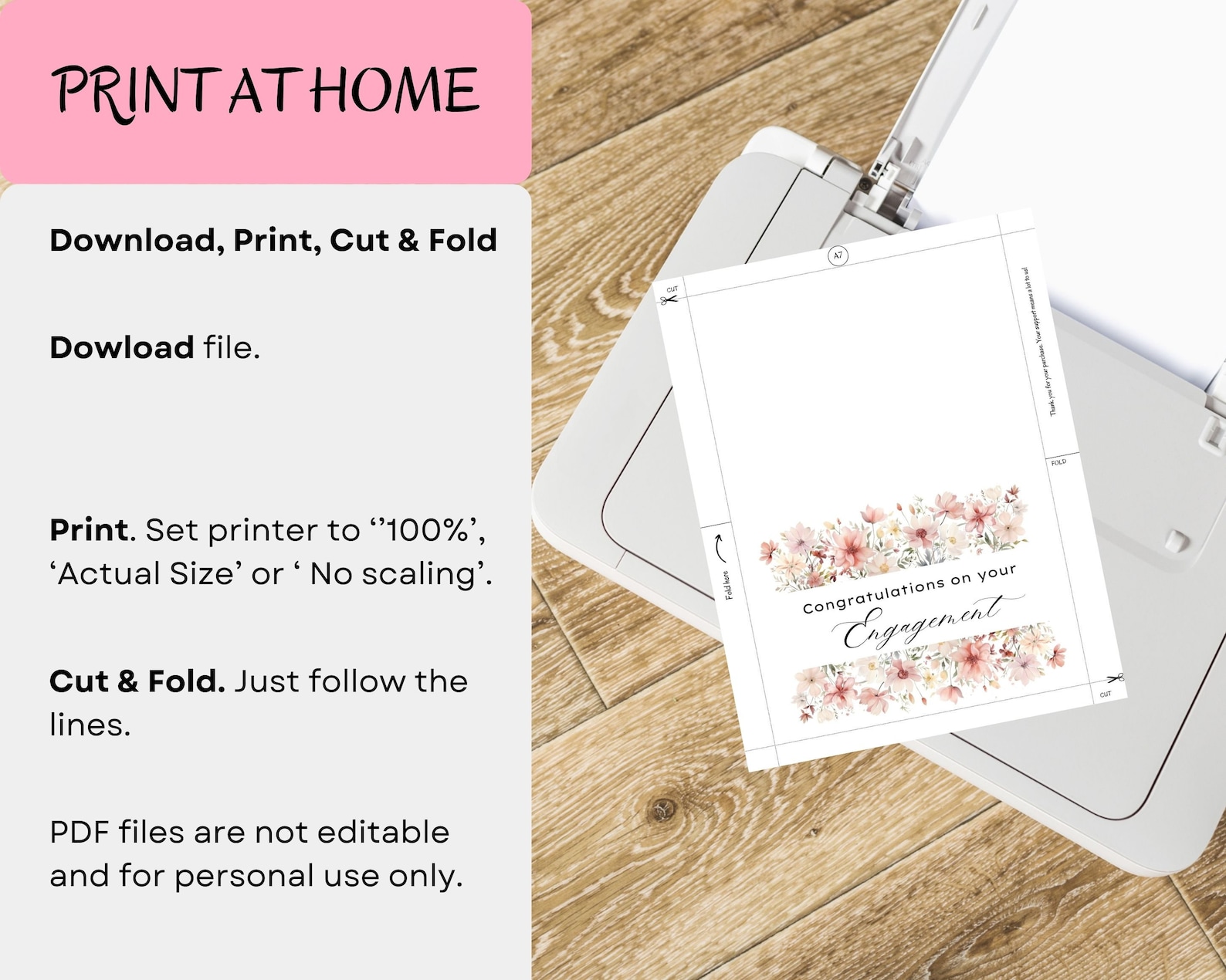 Printable Engagement Card INSTANT DOWNLOAD PDF Watercolor Floral ...