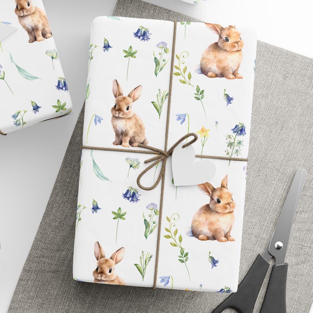 Rabbits Wrapping Paper Roll, Watercolor Rabbit and Flowers, All ...