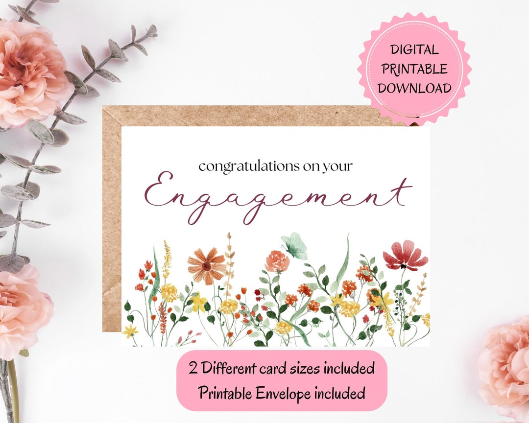 Printable Engagement Card DIGITAL DOWNLOAD Watercolor Wild Flowers ...