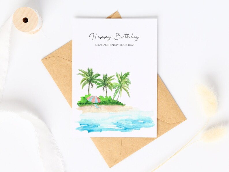Beach Birthday Card, Watercolor Beach With Palms, DIGITAL DOWNLOAD ...