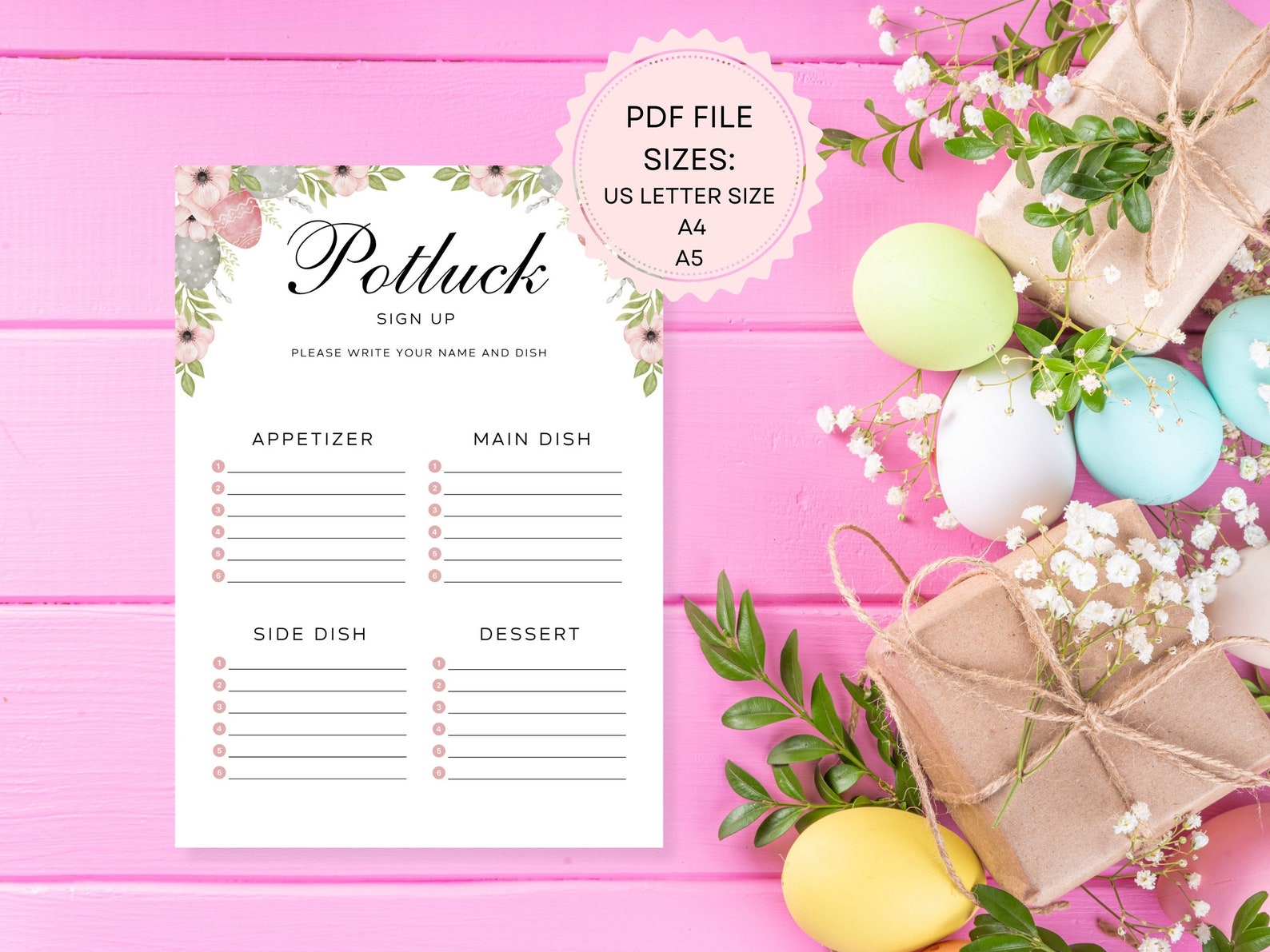 Easter Potluck Sign up Sheet | Printable Sign up Sheet | | Digital ...