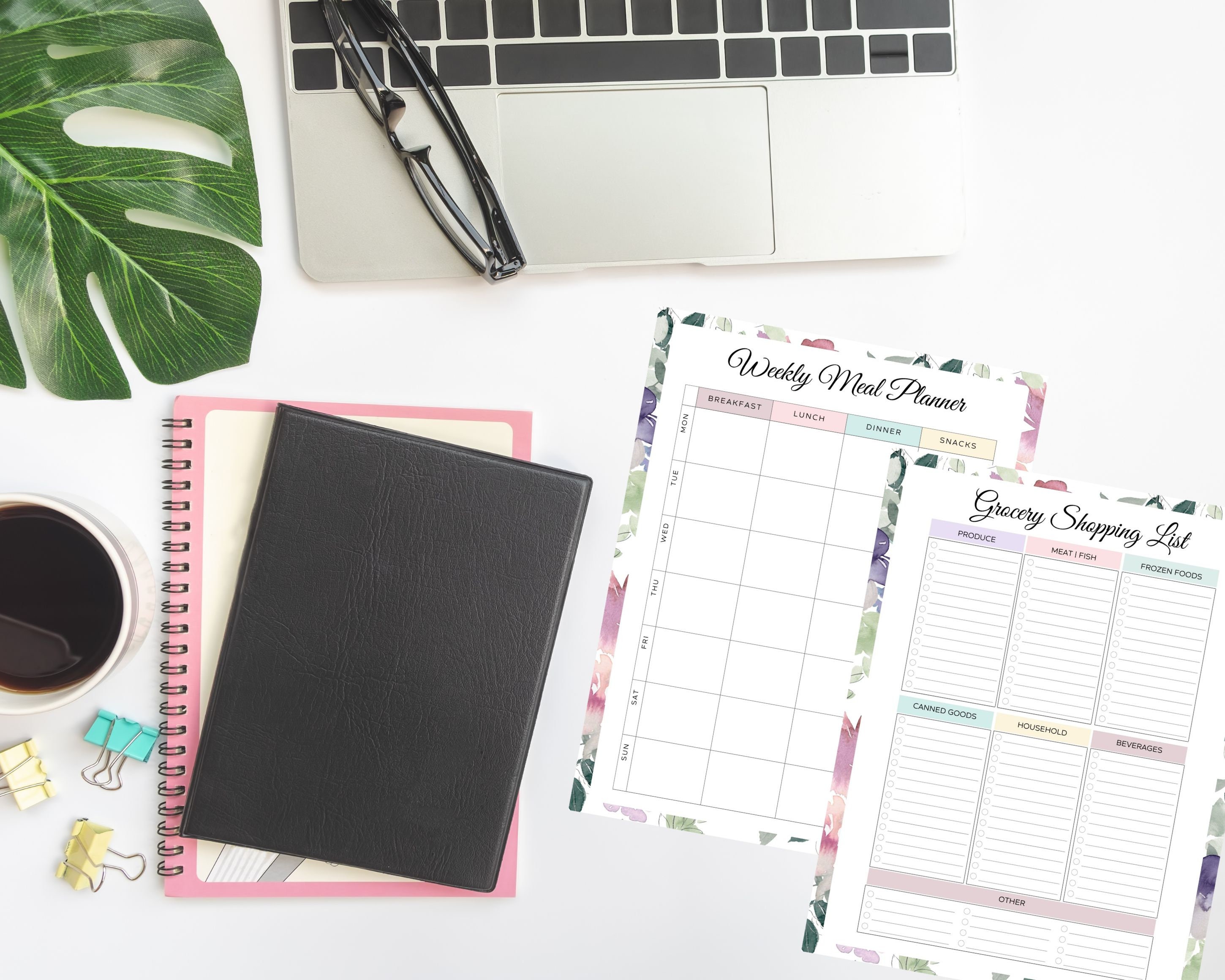 Printable Meal Planner & Grocery List, Watercolor Design, Digital ...