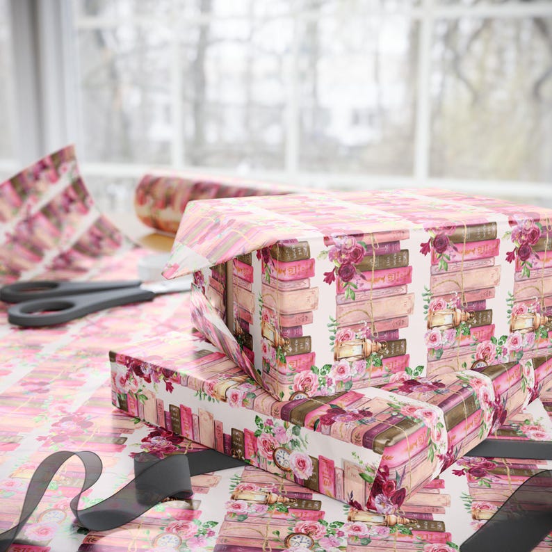 Pink Books and Roses Wrapping Paper, Book Lovers Gift, Watercolor ...