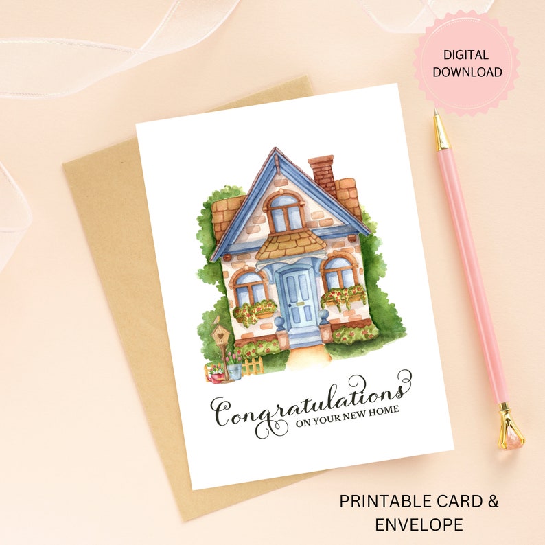 Housewarming Printable Greeting Card With Watercolor Home With A ...