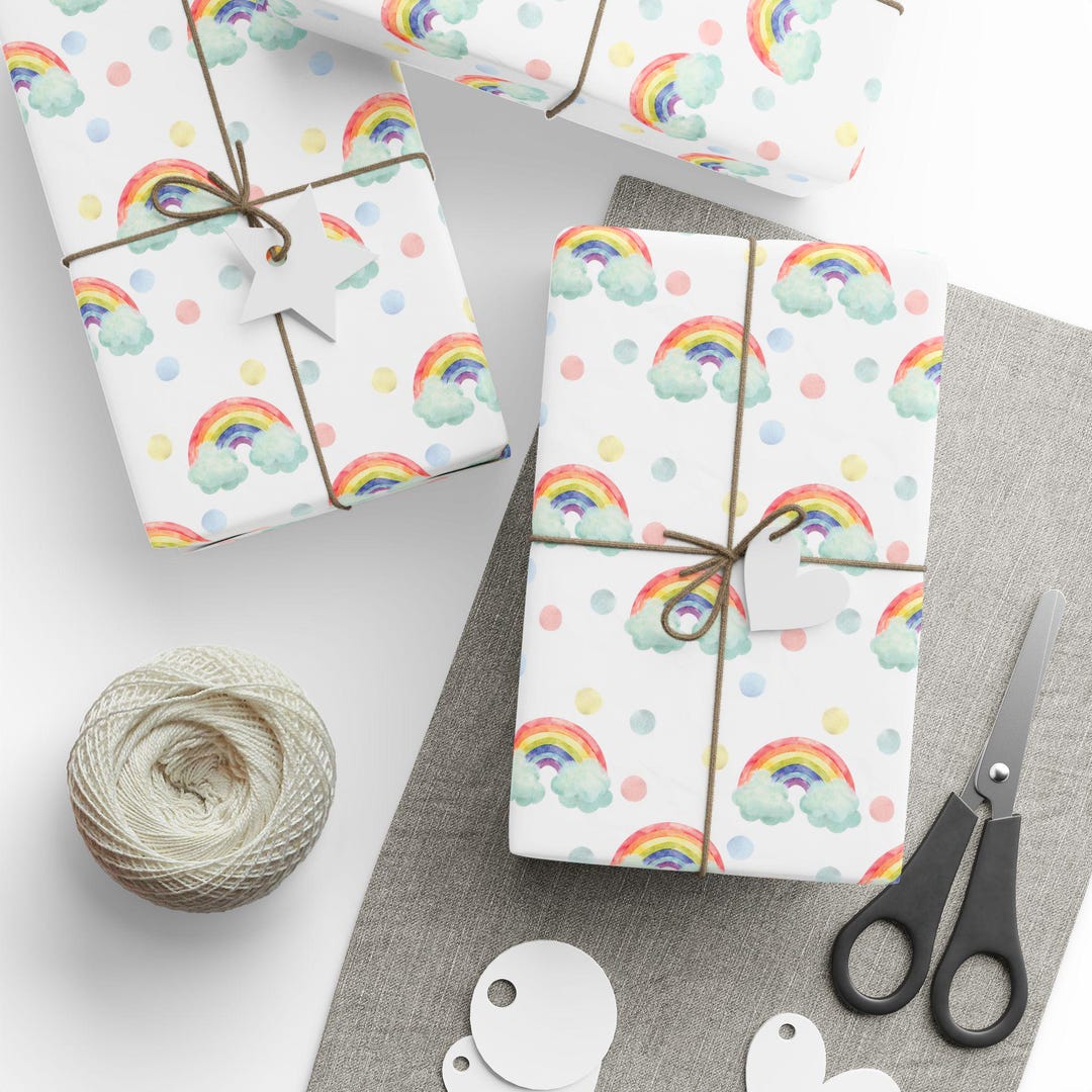 Rainbow Wrapping Paper Roll, Watercolor Rainbow, Clouds and Dots Gift ...