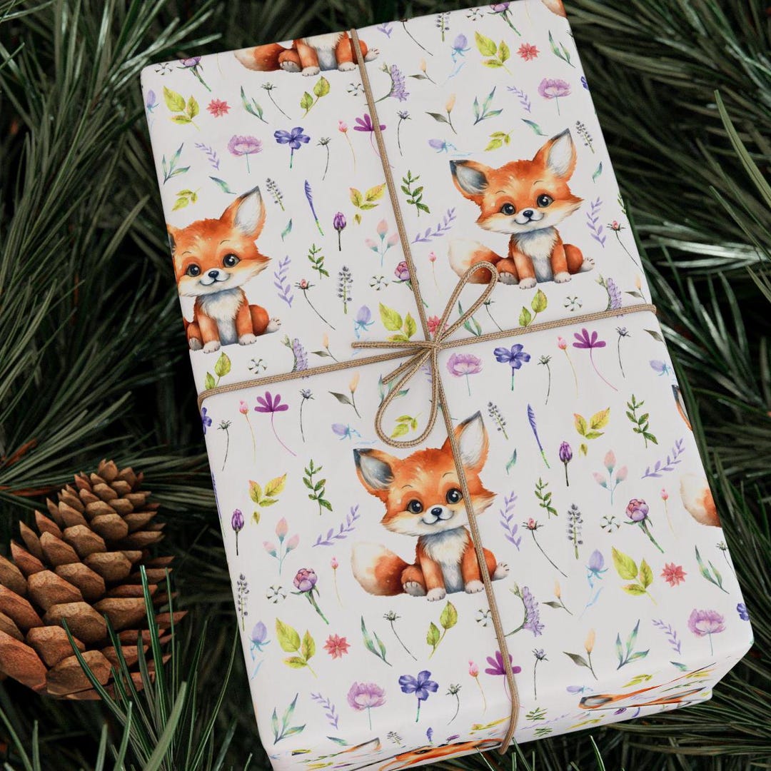 Cute Fox Wrapping Paper Roll, Watercolor Woodland Flowers and Leaves ...