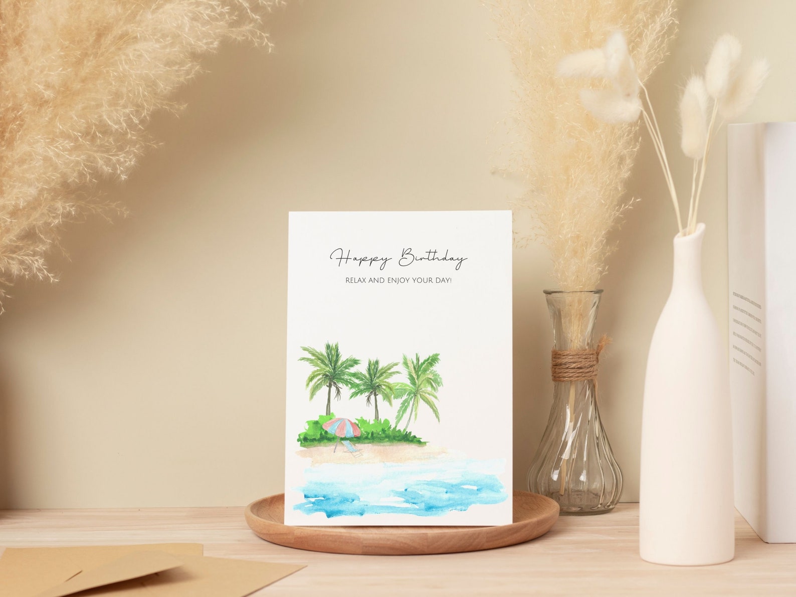 Beach Birthday Card, Watercolor Beach With Palms, DIGITAL DOWNLOAD ...