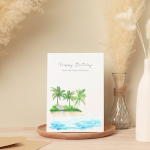 Watercolor Beach Birthday Card With Palm Trees (digital Download) - Etsy