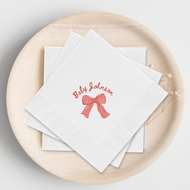 Gingham Bow Baby Shower Napkins, Personalized Boy or Girl Cocktail ...