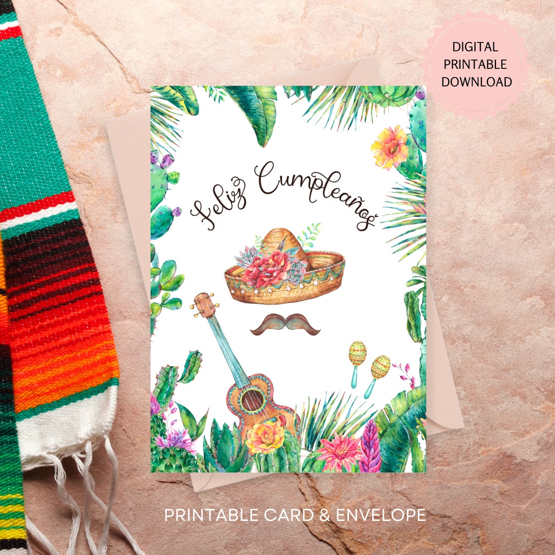 Feliz Cumpleaños Printable Card, Watercolor Sombrero Spanish Birthday ...
