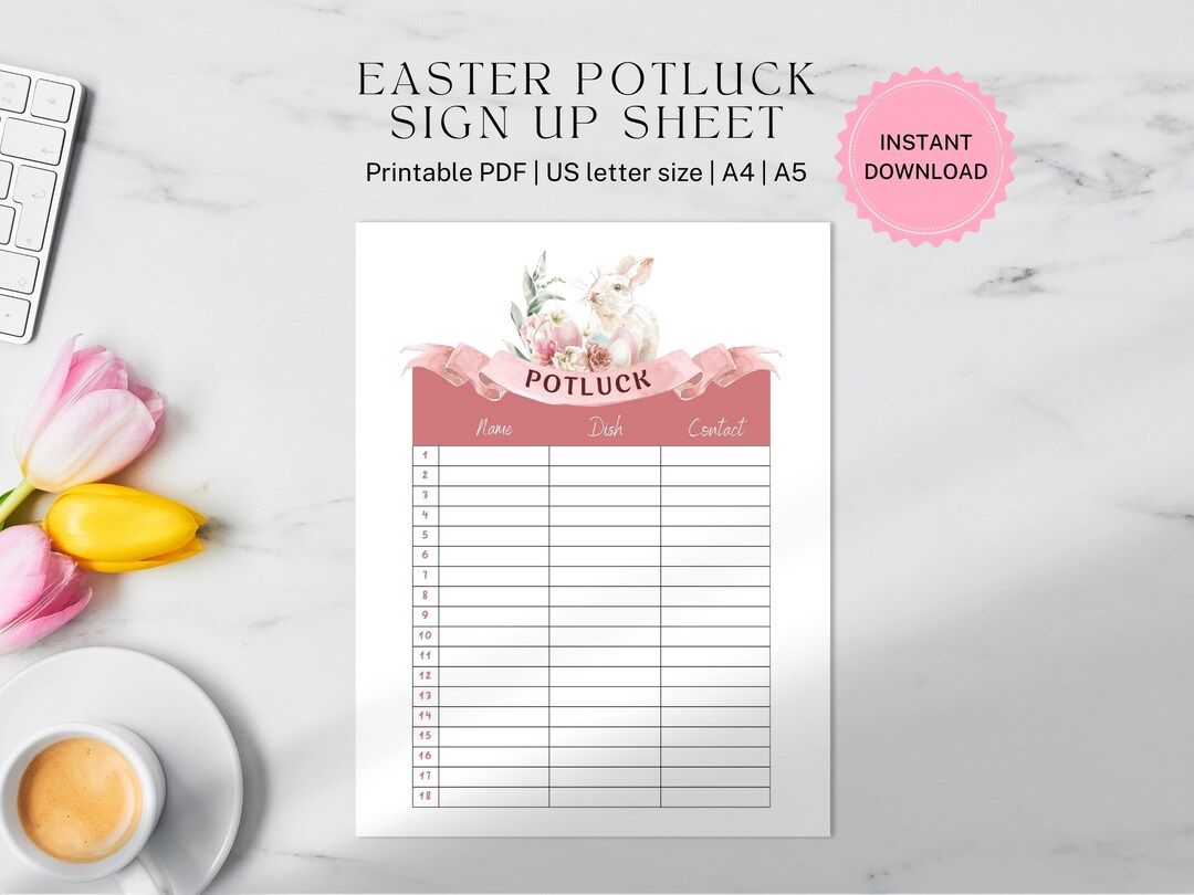 Easter Potluck Sign up Sheet, Printable Sign up Sheet With Bunny ...