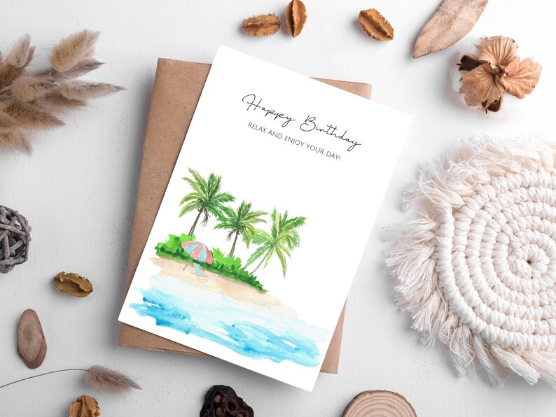 Custom Beach Birthday Card, Watercolor Beach With Palms, DIGITAL ...