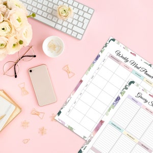 Printable Meal Planner & Grocery List, Watercolor Design, Digital ...