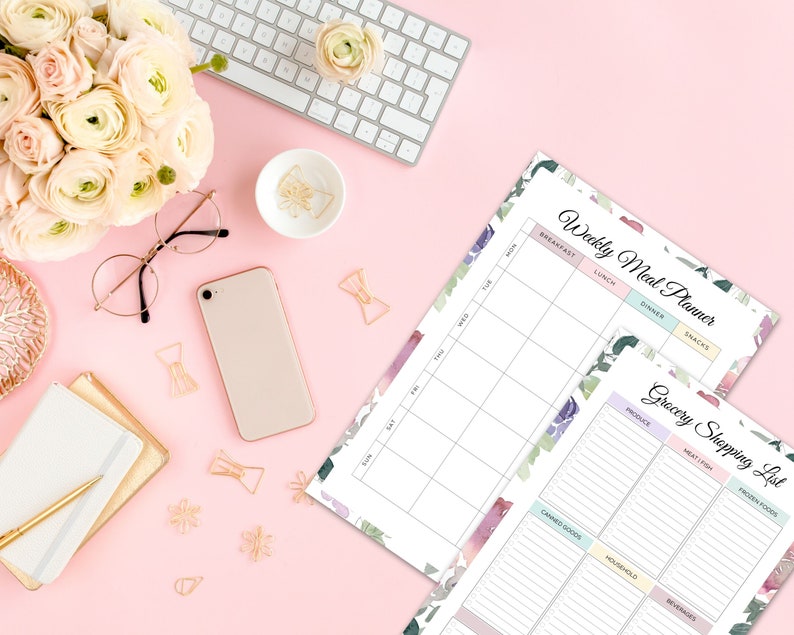 Printable Meal Planner & Grocery List, Watercolor Design, Digital ...