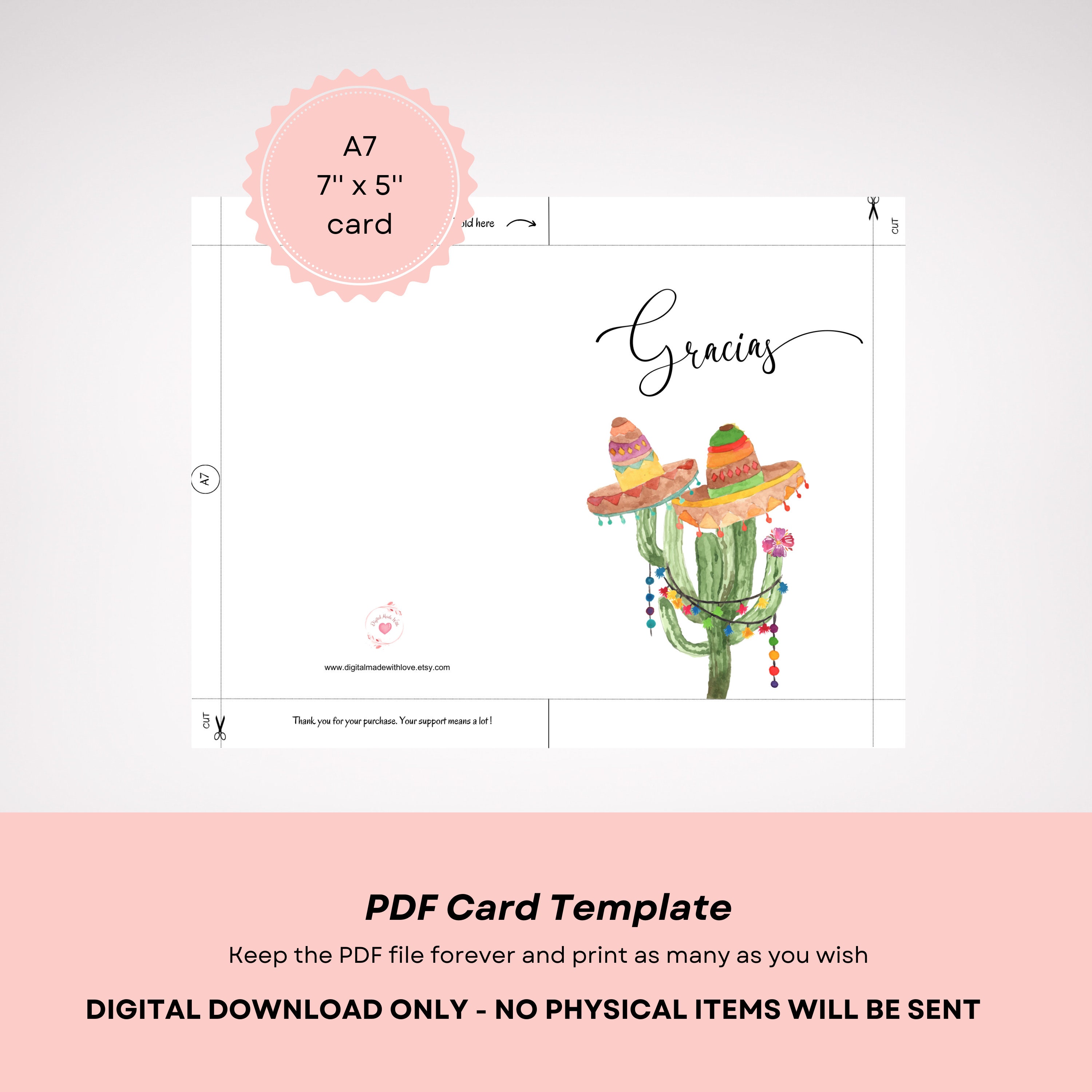 Gracias Printable Card, Digital Download, Spanish Fiesta Thank You Card ...