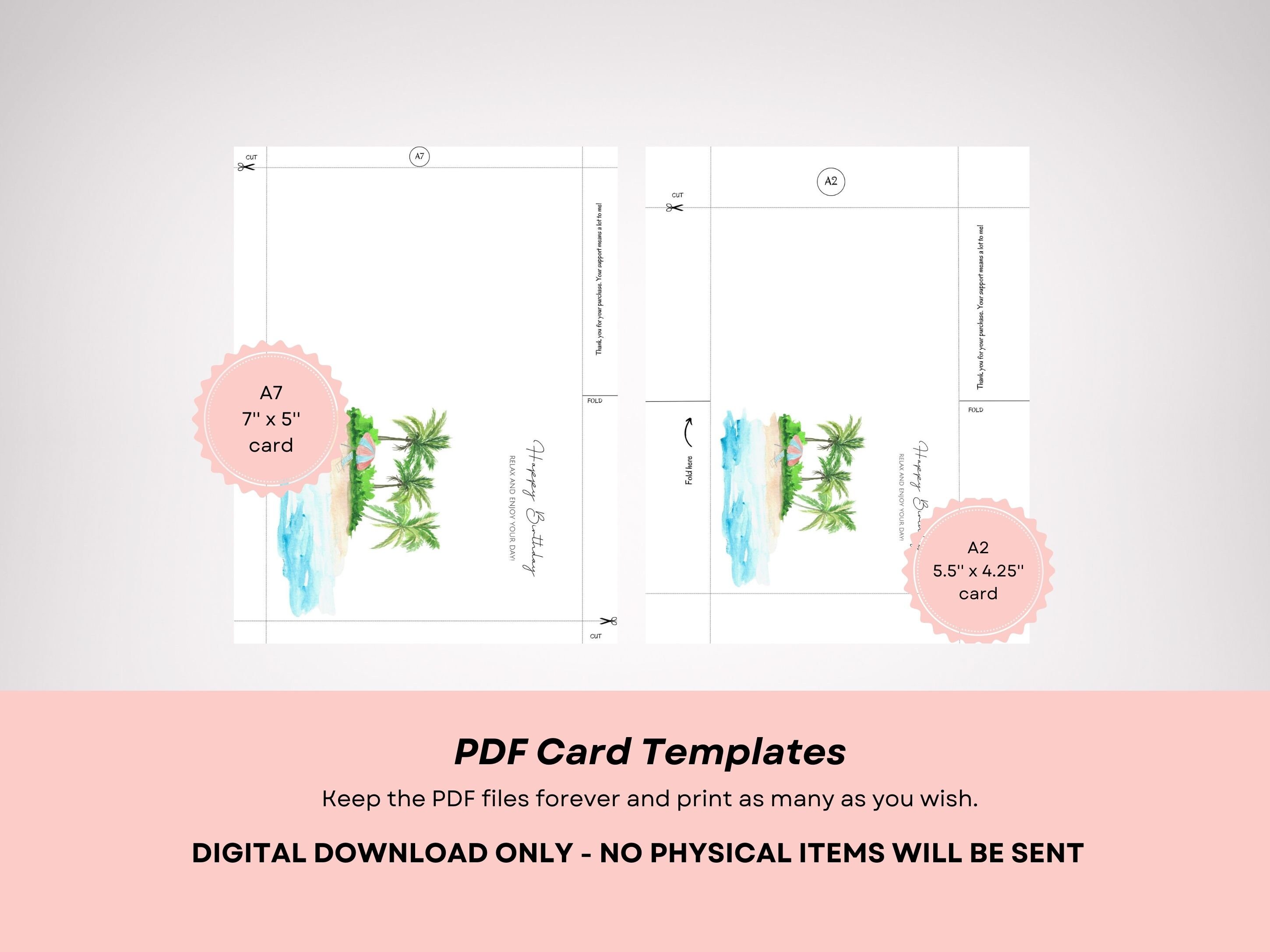 Beach Birthday Card, Watercolor Beach With Palms, DIGITAL DOWNLOAD ...