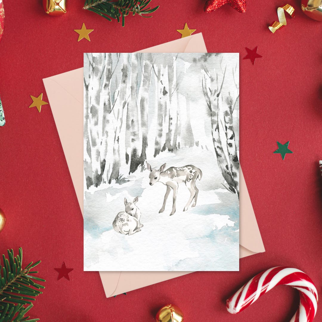 Winter Landscape Printable Card, Watercolor Greeting Card With Fawns ...