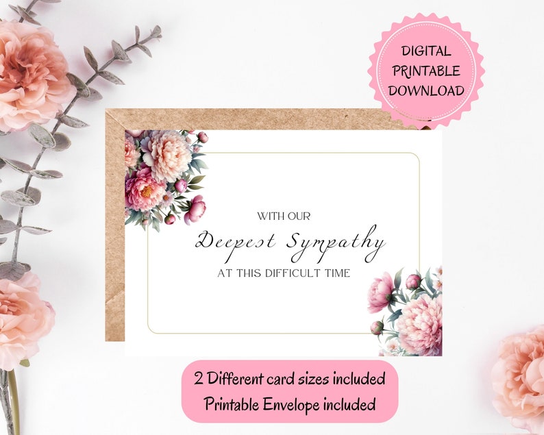 Printable Sympathy Card Peonies Watercolor Design Instant Download ...