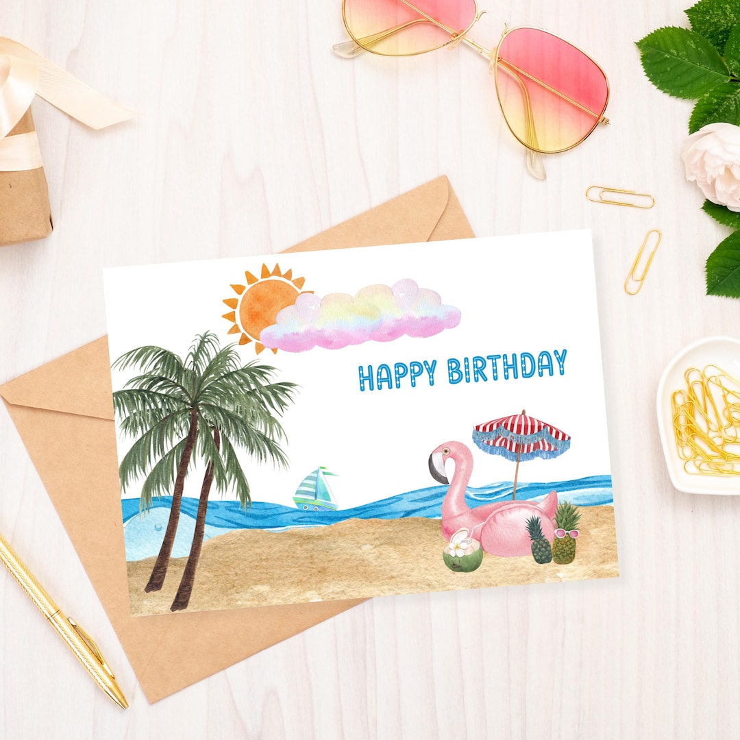 Printable Summer Greeting Card, Happy Birthday Watercolor Beach Scene ...