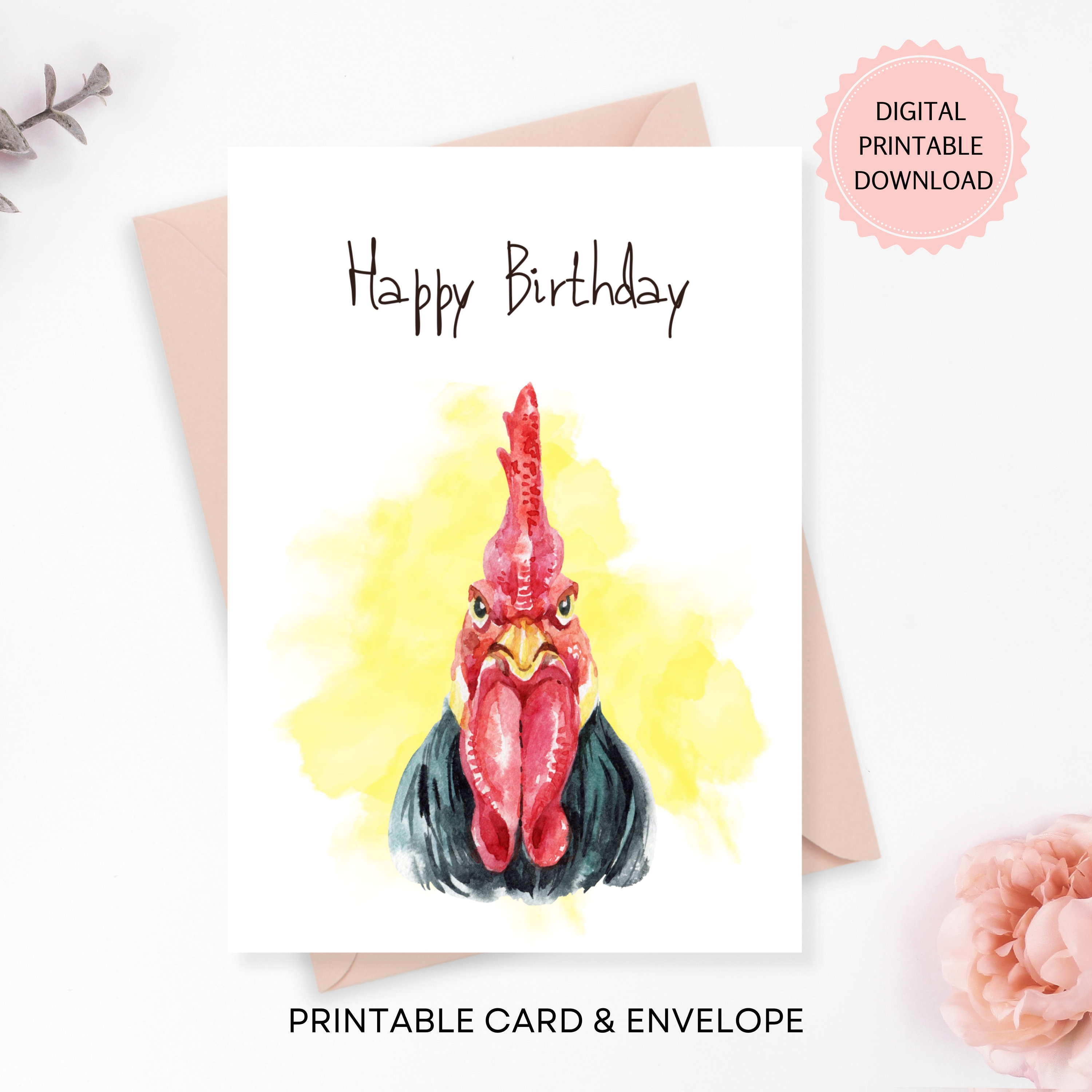 Rooster Happy Birthday Printable Card, Funny Chicken Greeting Card ...