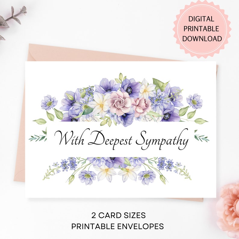 Floral Sympathy Card: Watercolor Purple Flowers (digital Download) - Etsy