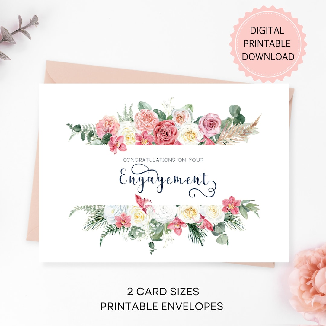 Printable Engagement Card, INSTANT DOWNLOAD PDF, Watercolor Floral ...