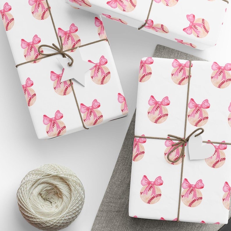 Pink Bow Baseball Wrapping Paper: Girly Sports Gift Wrap - Etsy