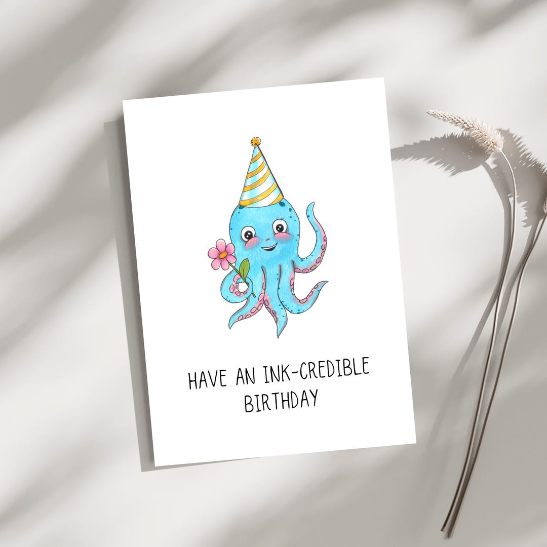 Cute Octopus Happy Birthday Card, Watercolor Bestie Card, Funny ...