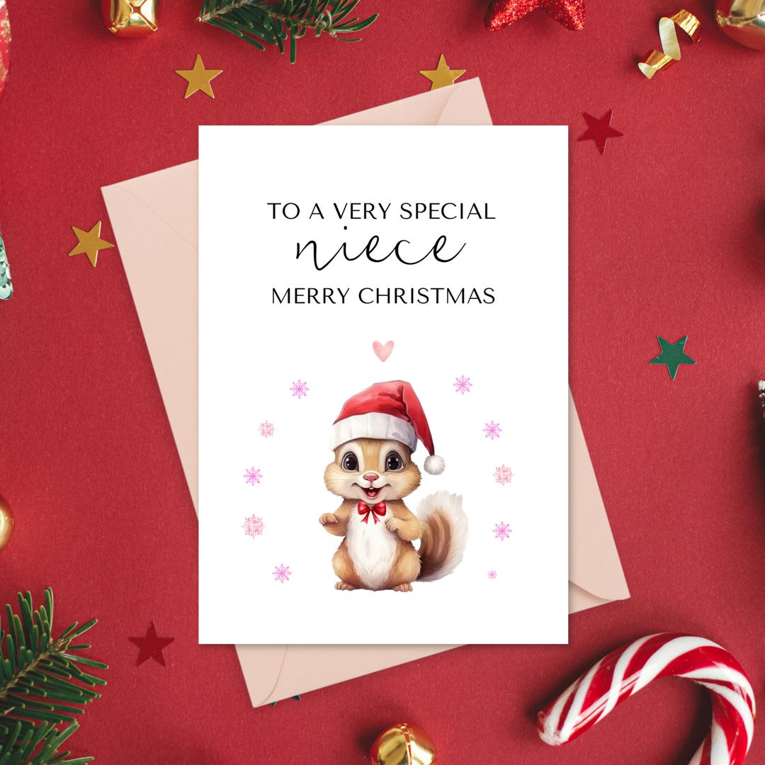 Niece Christmas Printable Card, Watercolor Xmas Squirrel Card for Niece ...