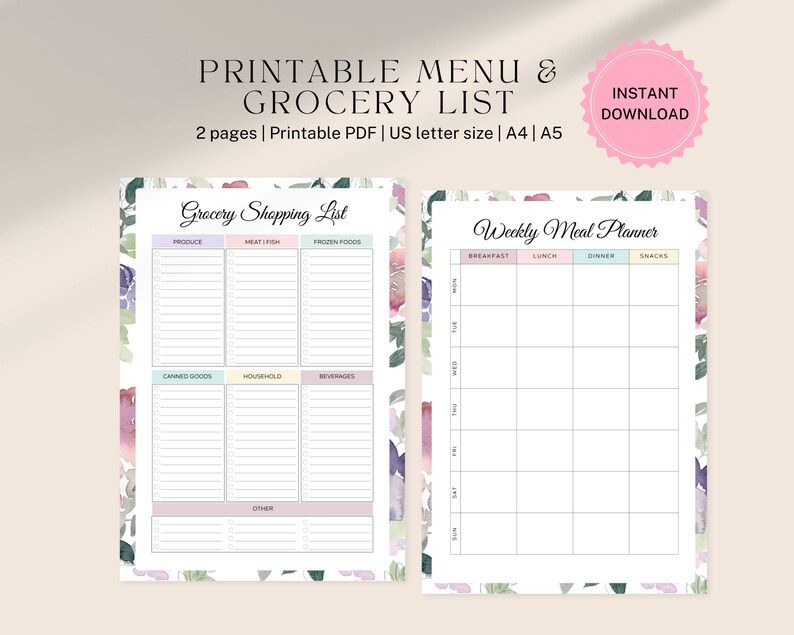 Printable Meal Planner & Grocery List, Watercolor Design, Digital ...