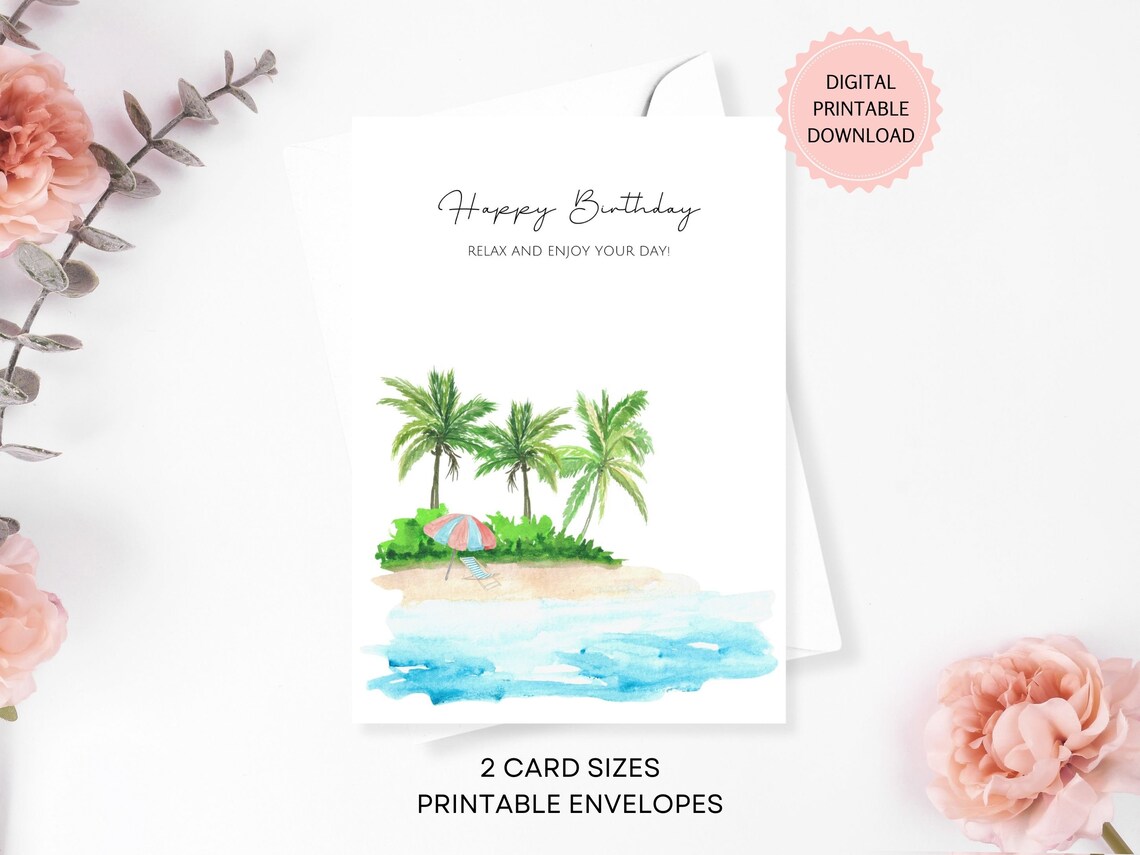 Beach Birthday Card, Watercolor Beach With Palms, DIGITAL DOWNLOAD ...