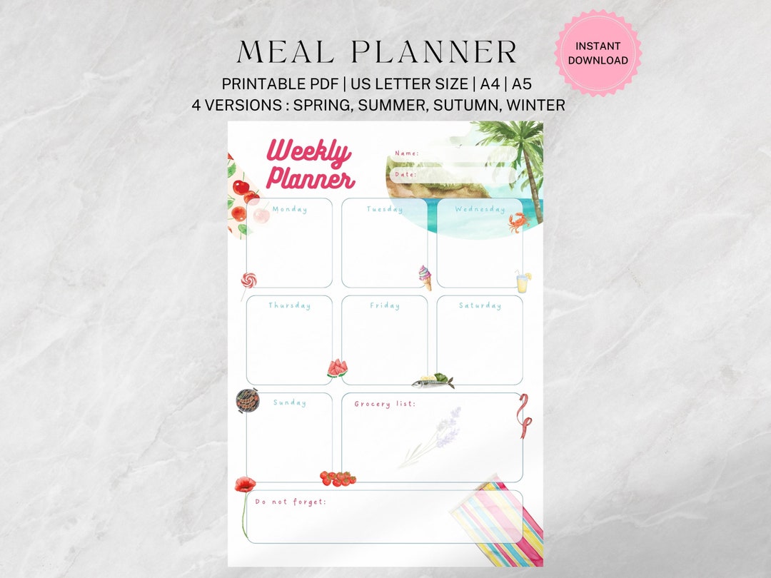 Weekly Meal Planner Bundle, 4 Seasons Printable Meal Planner + Grocery ...