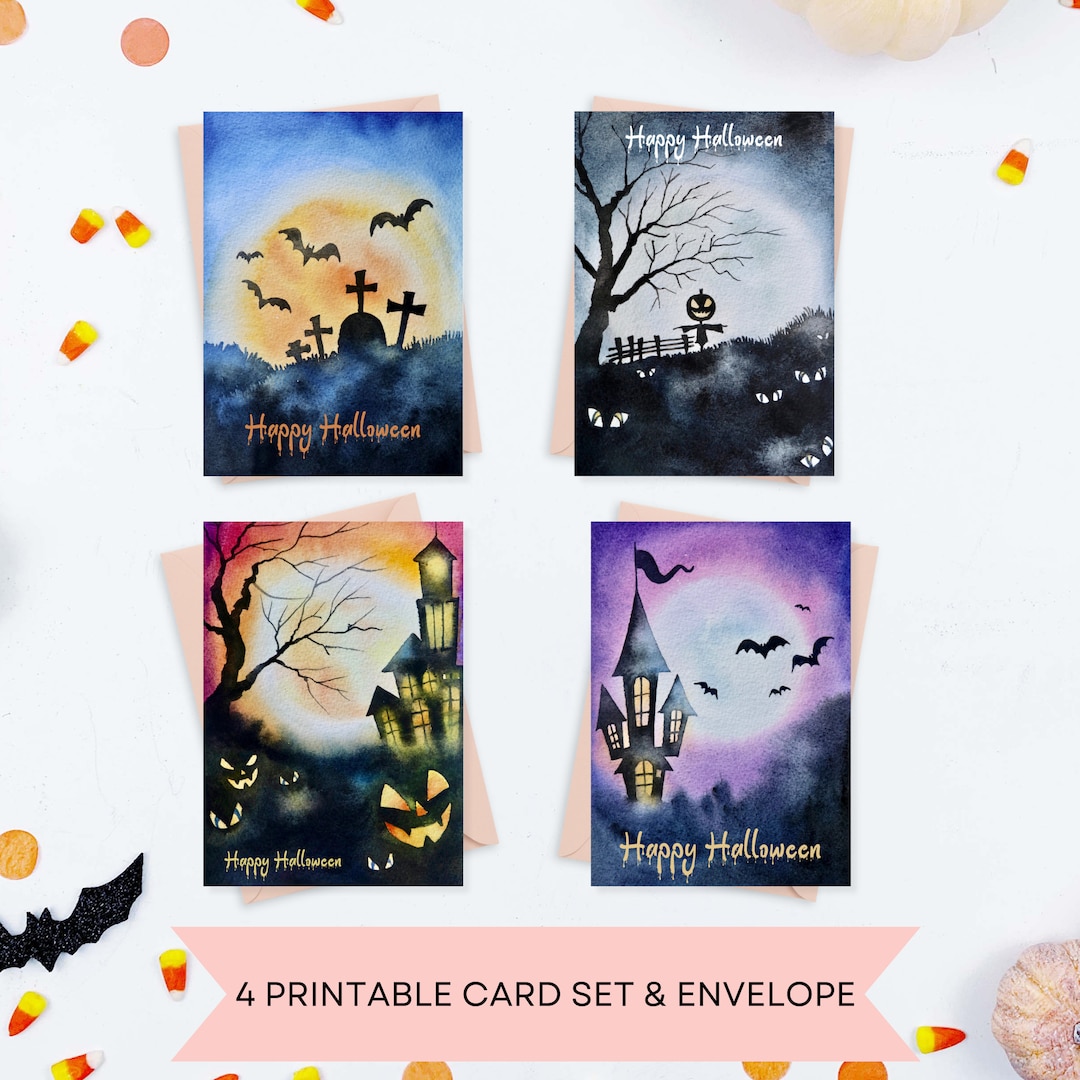 Happy Halloween Printable Card Set of 4, Watercolor Greeting Cards for ...