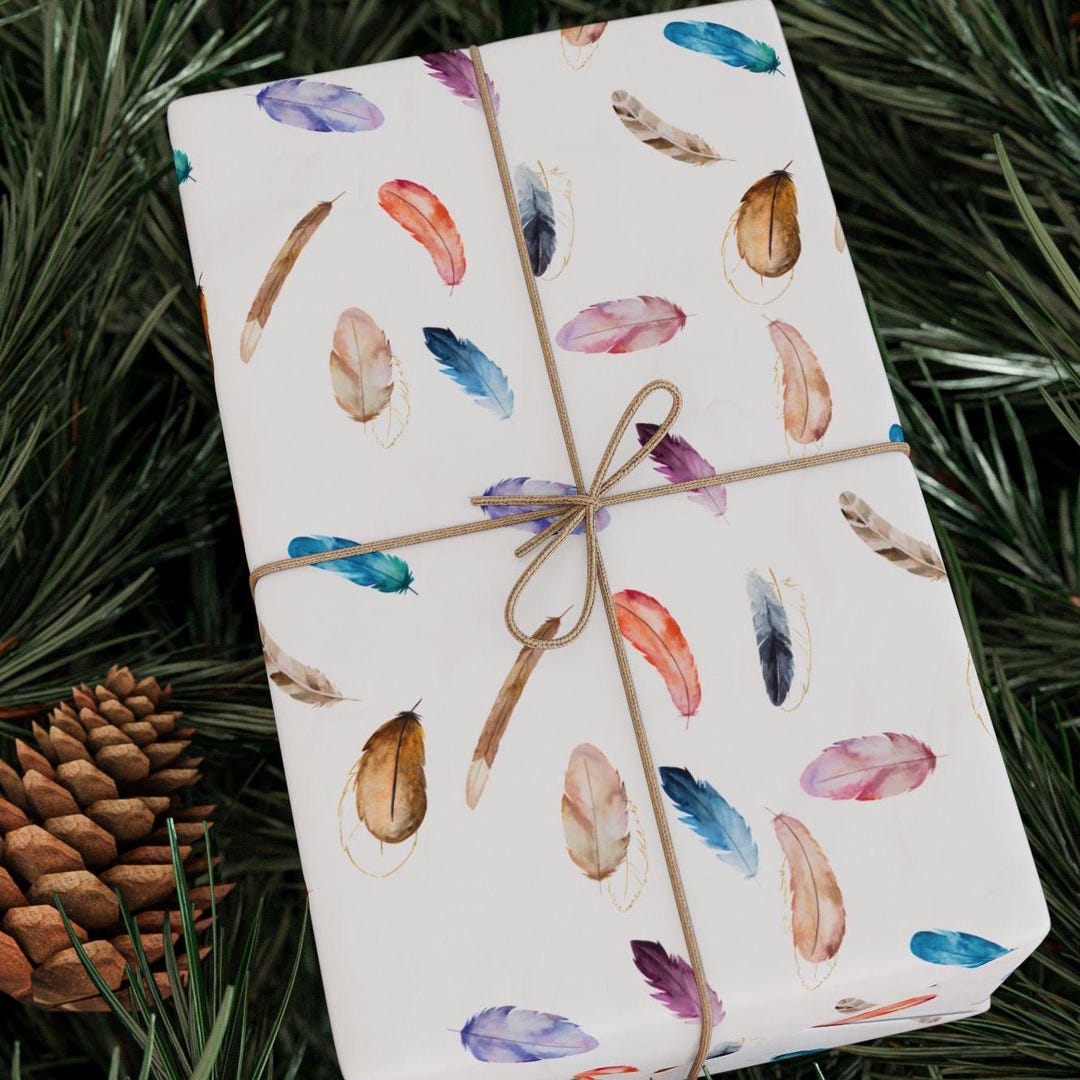 Boho Feather Wrapping Paper Roll for Birthdays, Gentle Pastel Bohemian ...