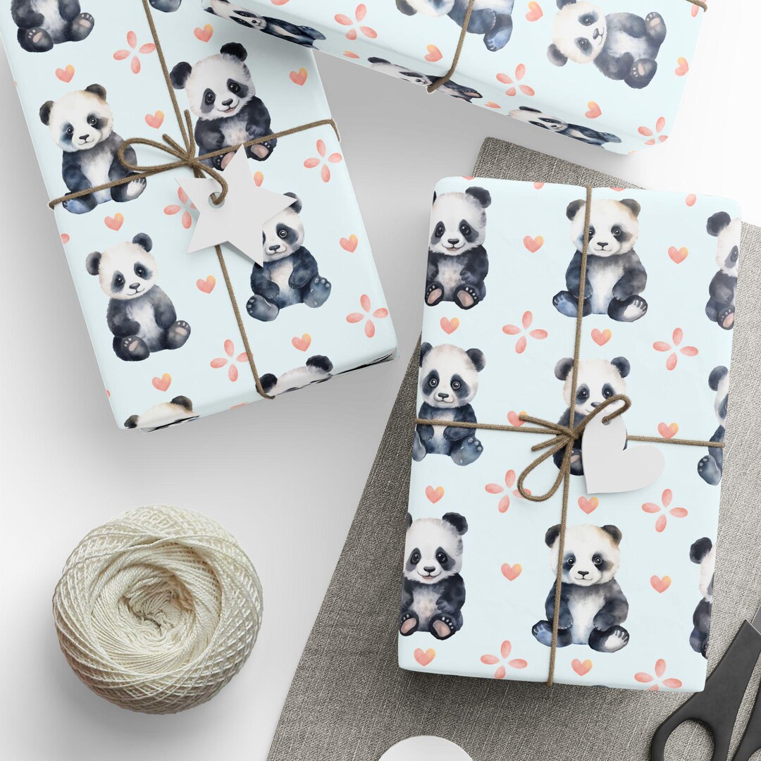 Cute Panda Wrapping Paper Roll, Watercolor Bear With Hearts, Blue Gift ...