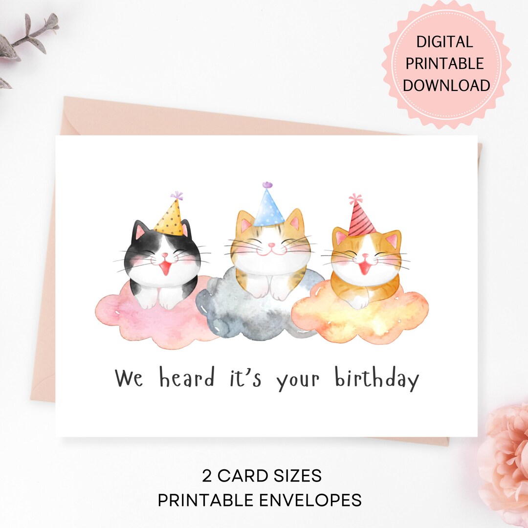 Cat Lover Birthday Card DIGITAL DOWNLOAD Watercolor Design ...