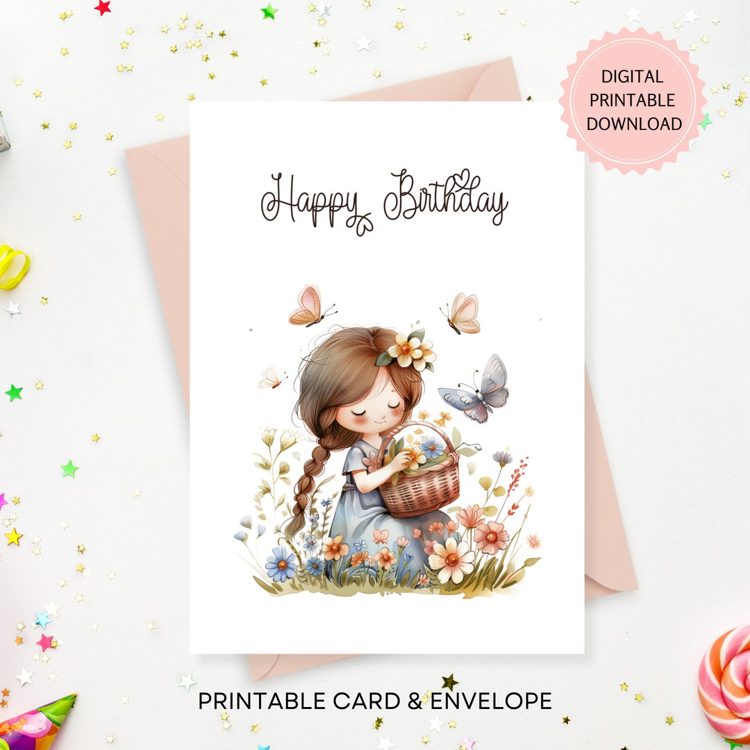 Happy Birthday Printable Card, Whimsical Girl With Butterflies and ...