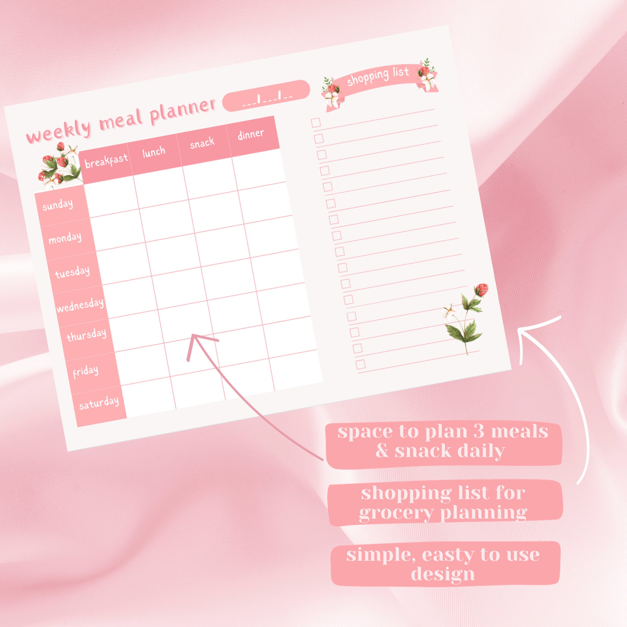 Pink Weekly Meal Planner Printable Easy Instant Download PDF - Etsy
