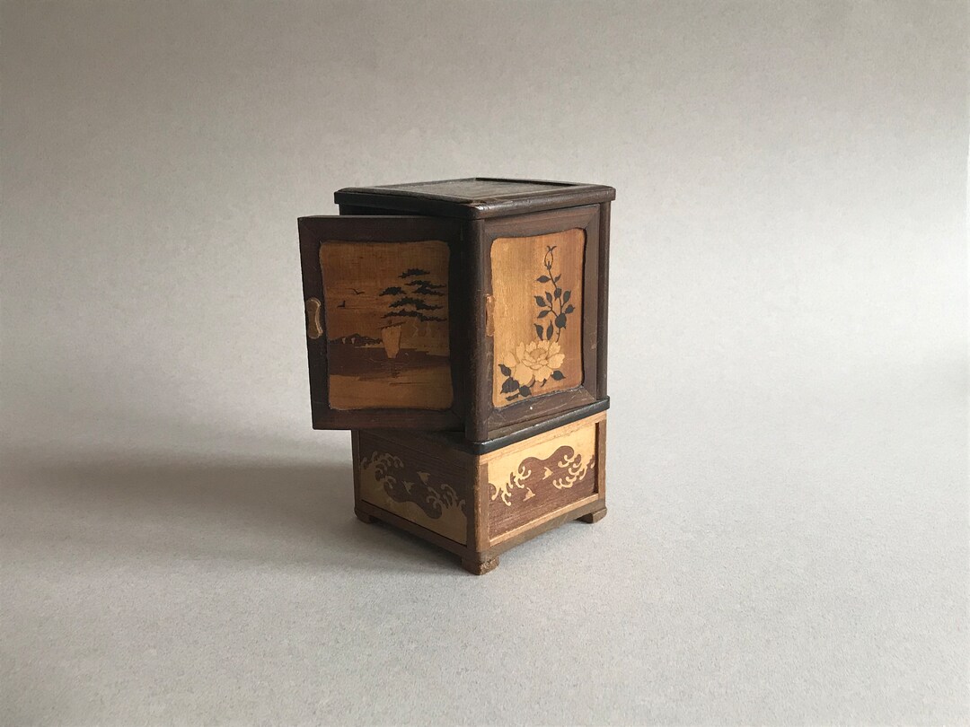 Antique Japanese Inlaid Wood Cigarette Box Cabinet With Mount Fuji ...