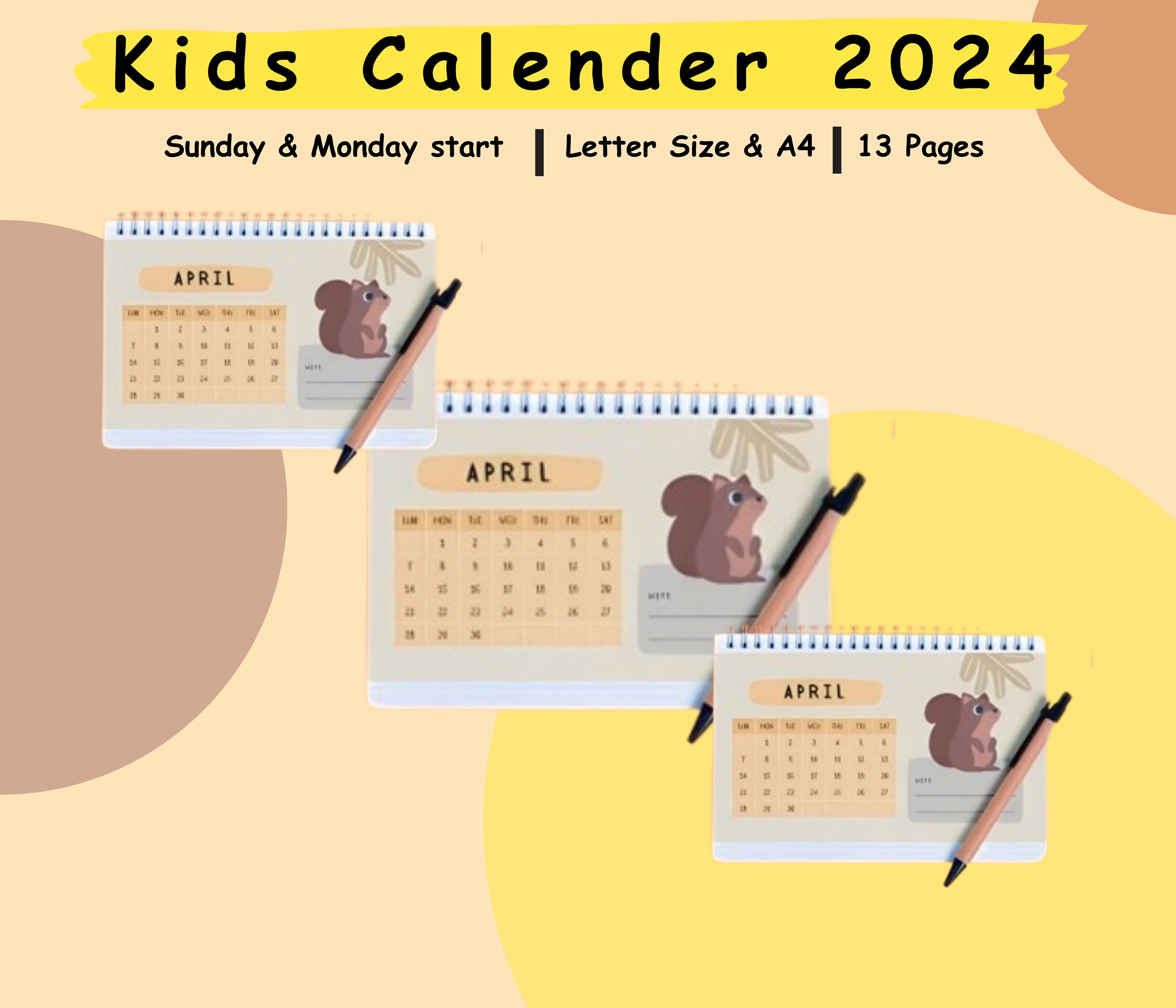 2024 Calendars, 2024 Kids Calendar, Pastel Yellow, Beige, Customised ...