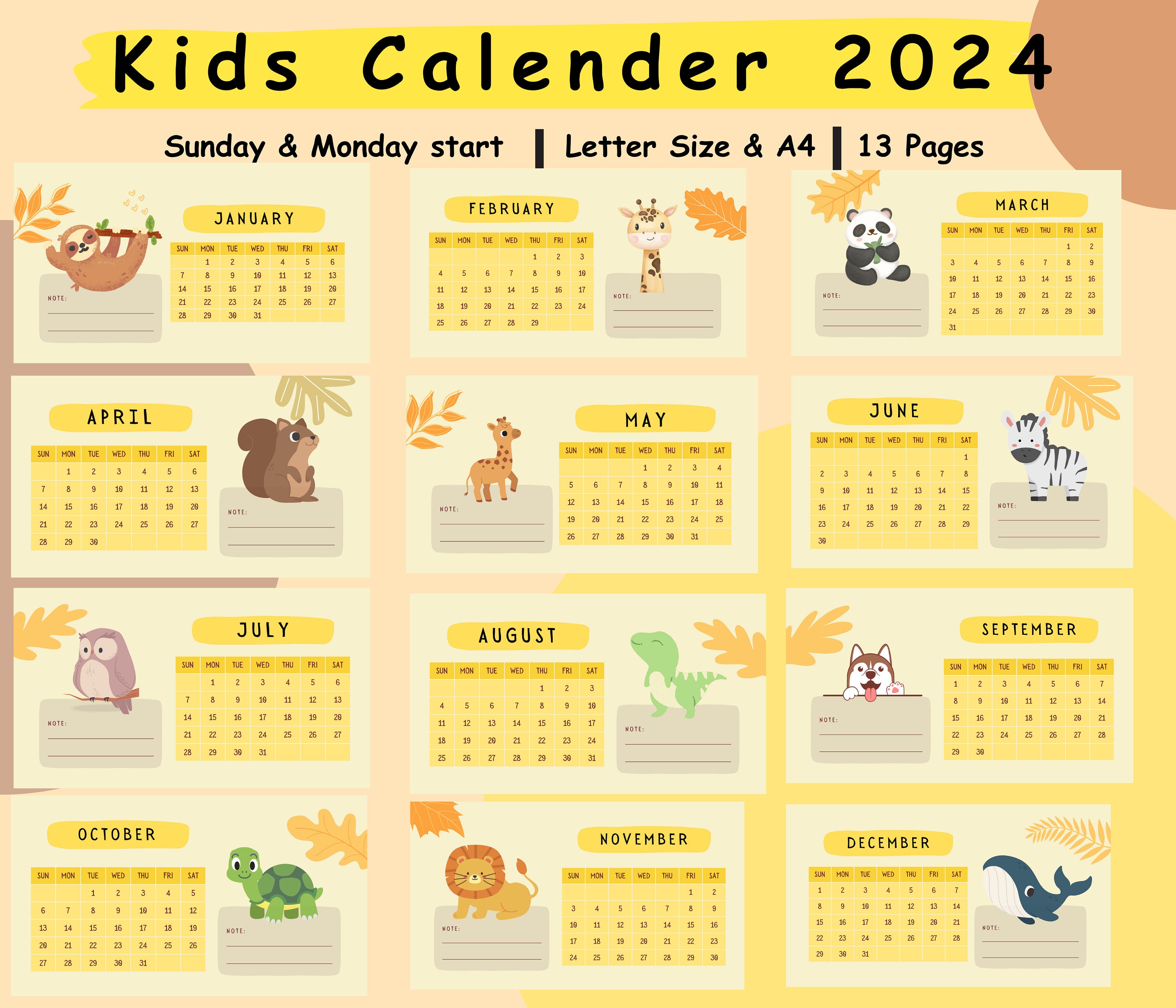 2024 Calendars, 2024 Kids Calendar, Pastel Yellow, Beige, Customised ...