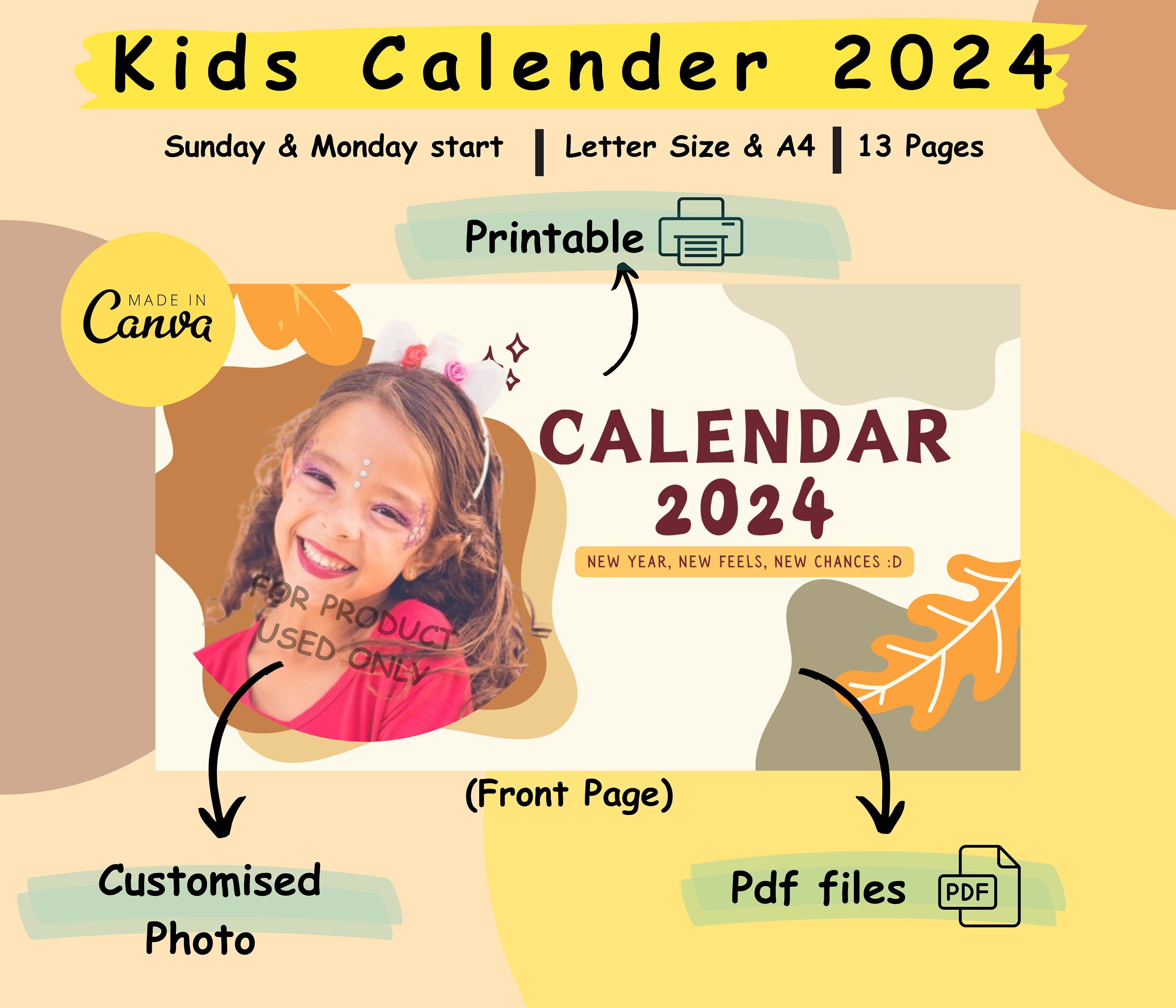 2024 Calendars, 2024 Kids Calendar, Pastel Yellow, Beige, Customised ...