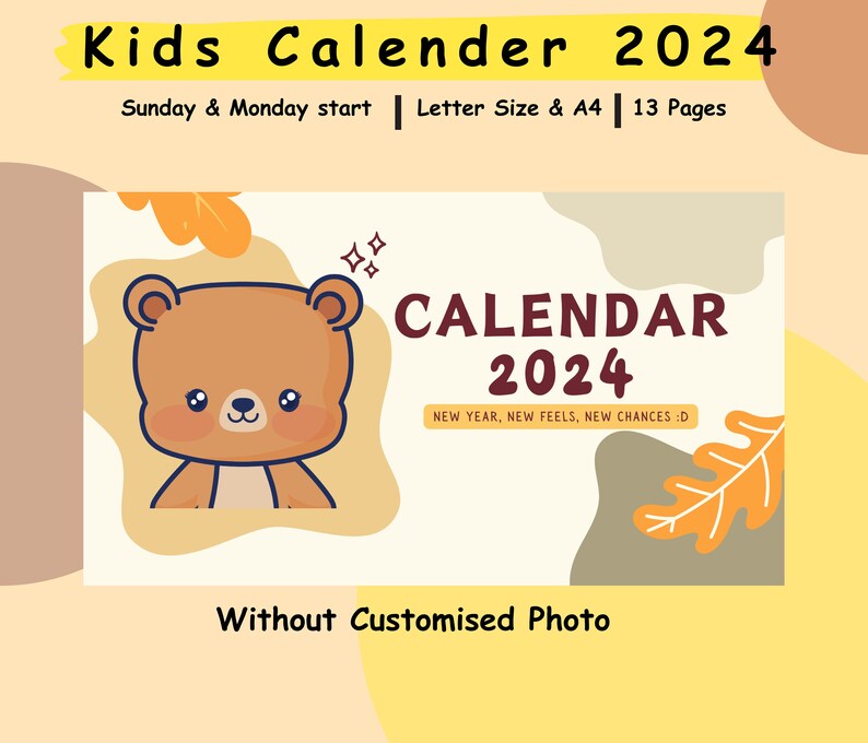 2024 Calendars, 2024 Kids Calendar, Pastel Yellow, Beige, Customised ...