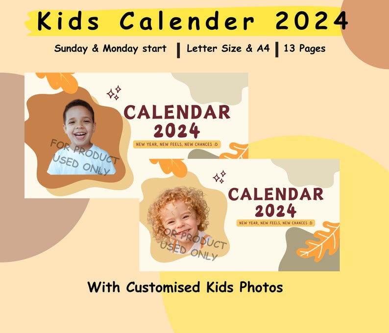2024 Calendars, 2024 Kids Calendar, Pastel Yellow, Beige, Customised ...