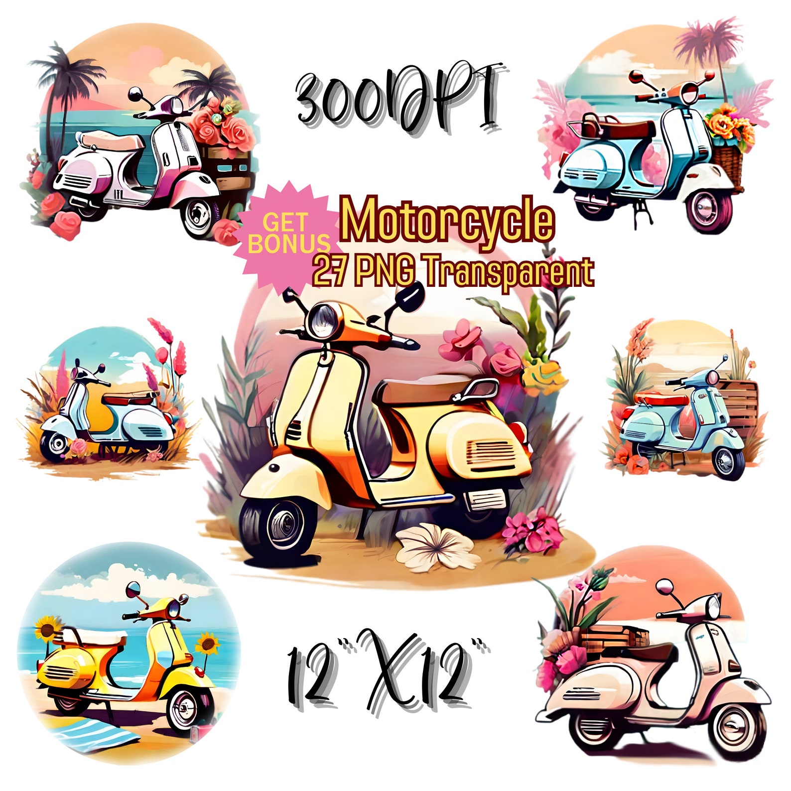 Retro Scooter Clipart PNG, Vintage Vespa Clipart Bundle , Motorcycle ...