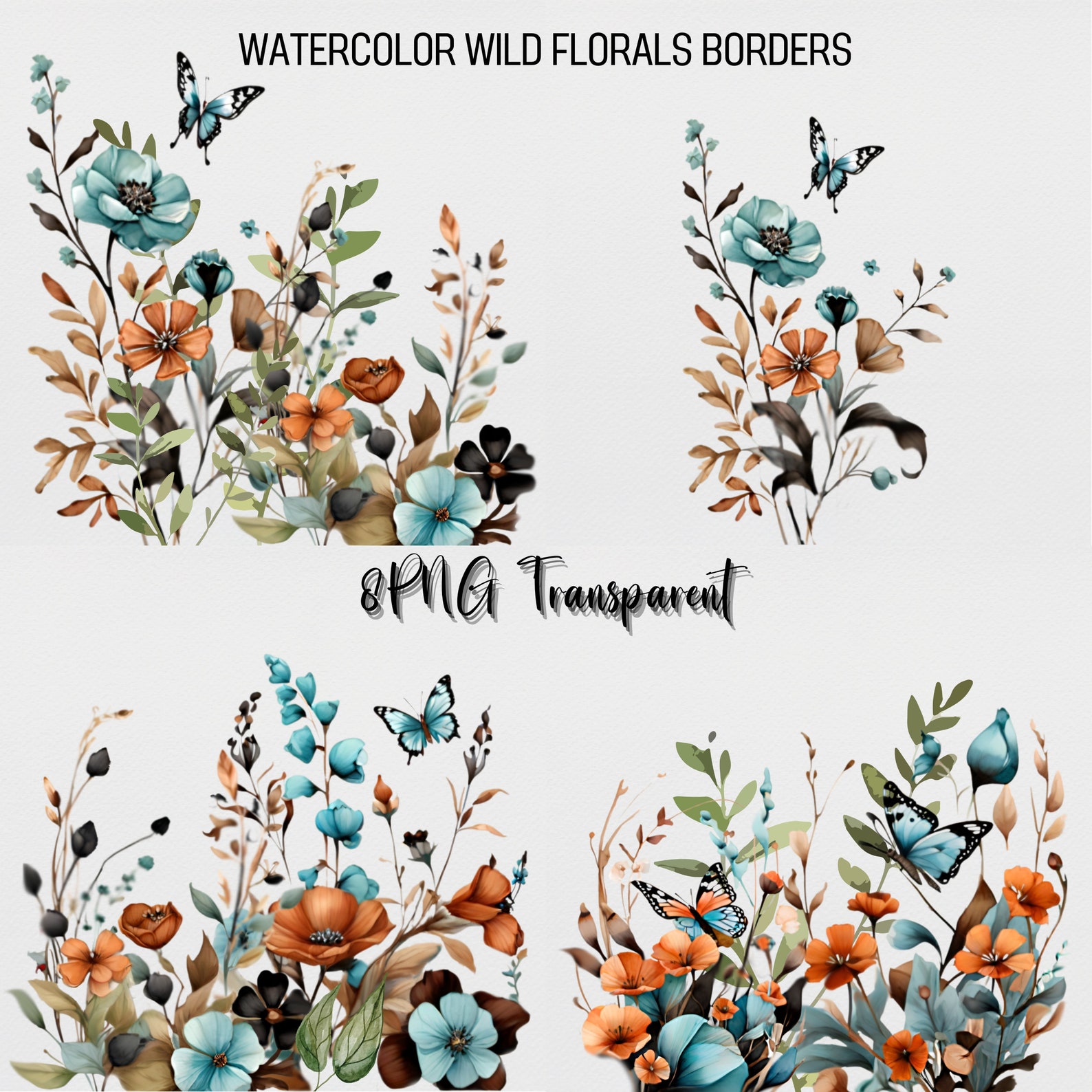 Wild Floral Clipart, Floral Watercolor Borders, Premade Clipart ...